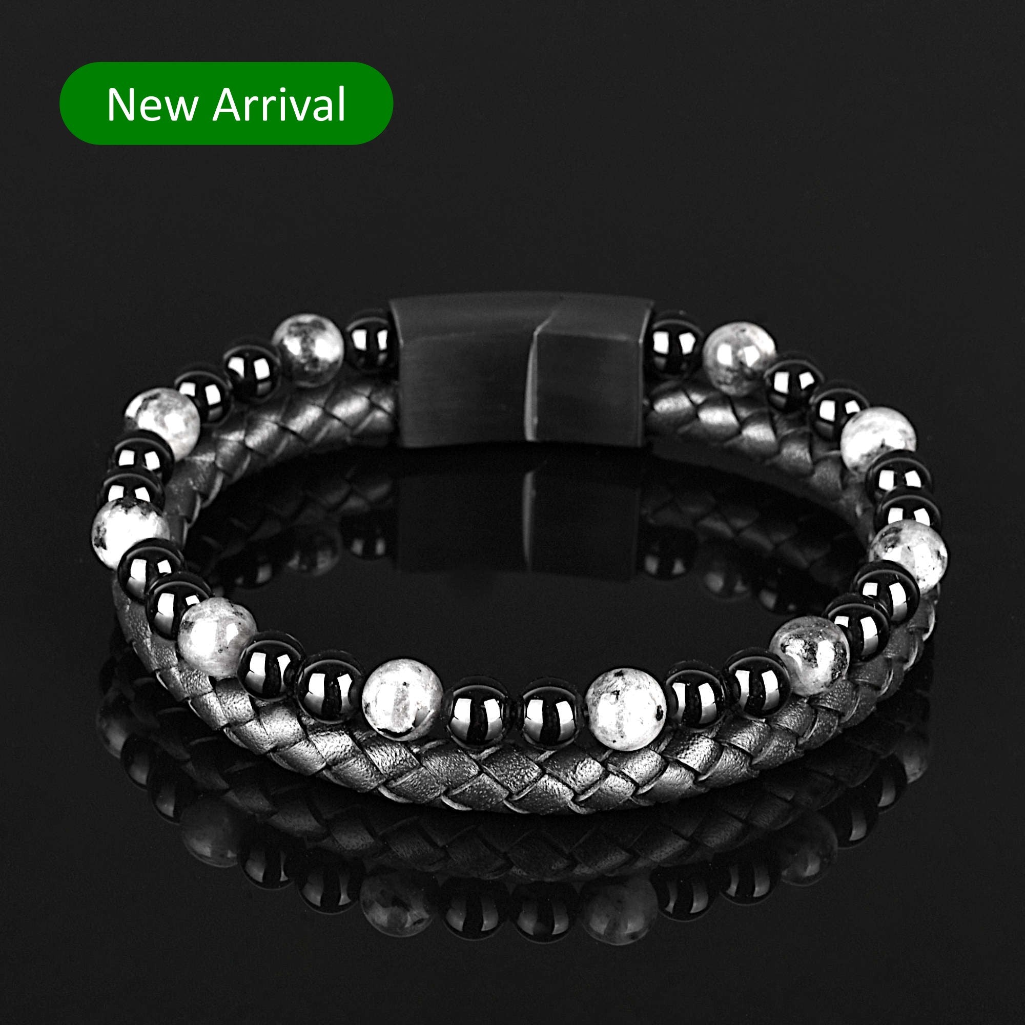 Shadow - Explorer's Elegance, Leather Bracelet with Black Flash Stone ...